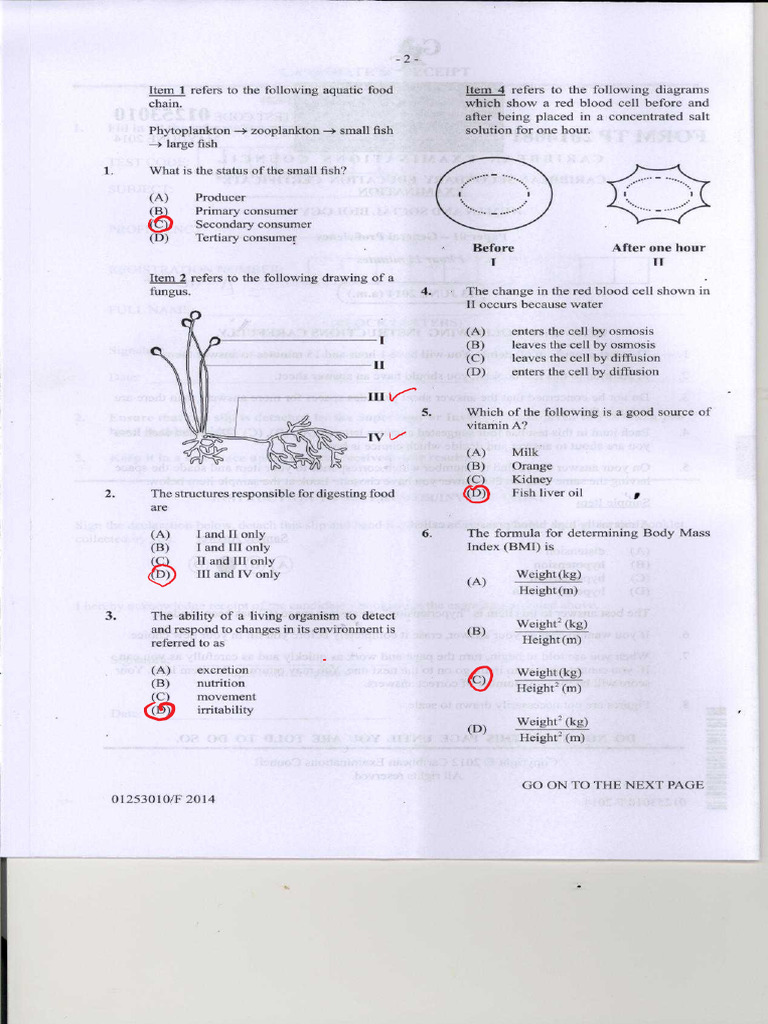 CSEC Human and Social Biology June 2014 P1 - Answered | PDF