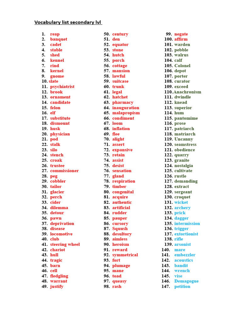 Secondary Level Vocabulary List | PDF