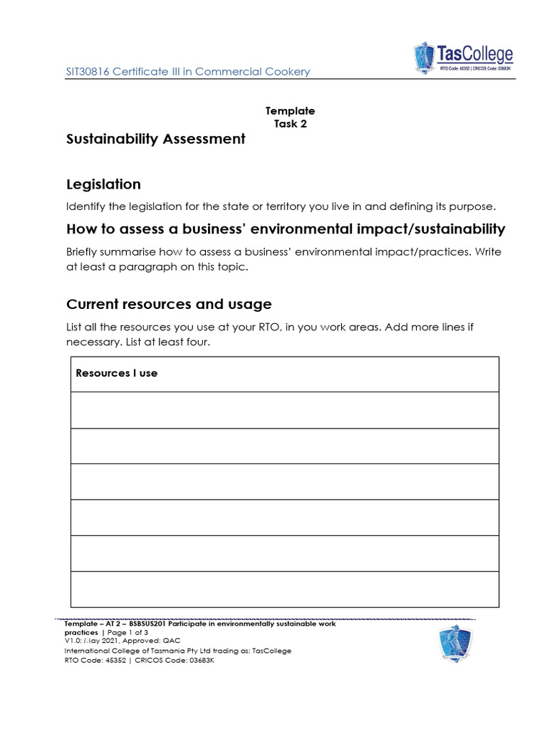 BSBSUS201 - V1.0 - Template - Sustainability Assessment Form.v1.0 | PDF ...