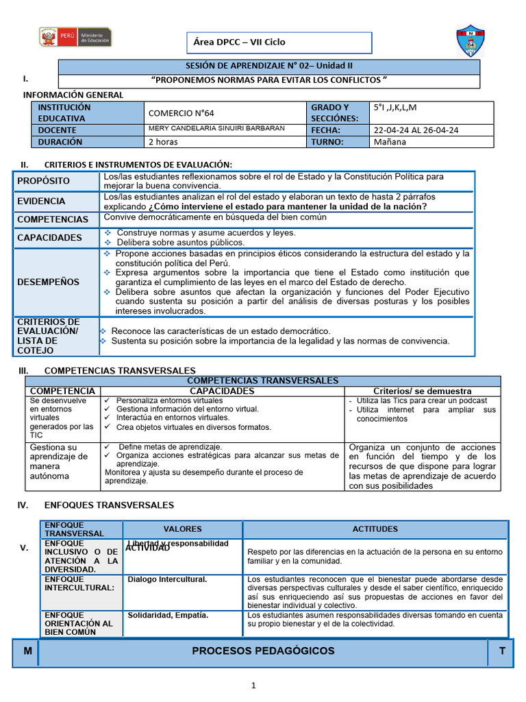 Unidad Ii Sesion N°02 DPCC | PDF | Aprendizaje | Evaluación