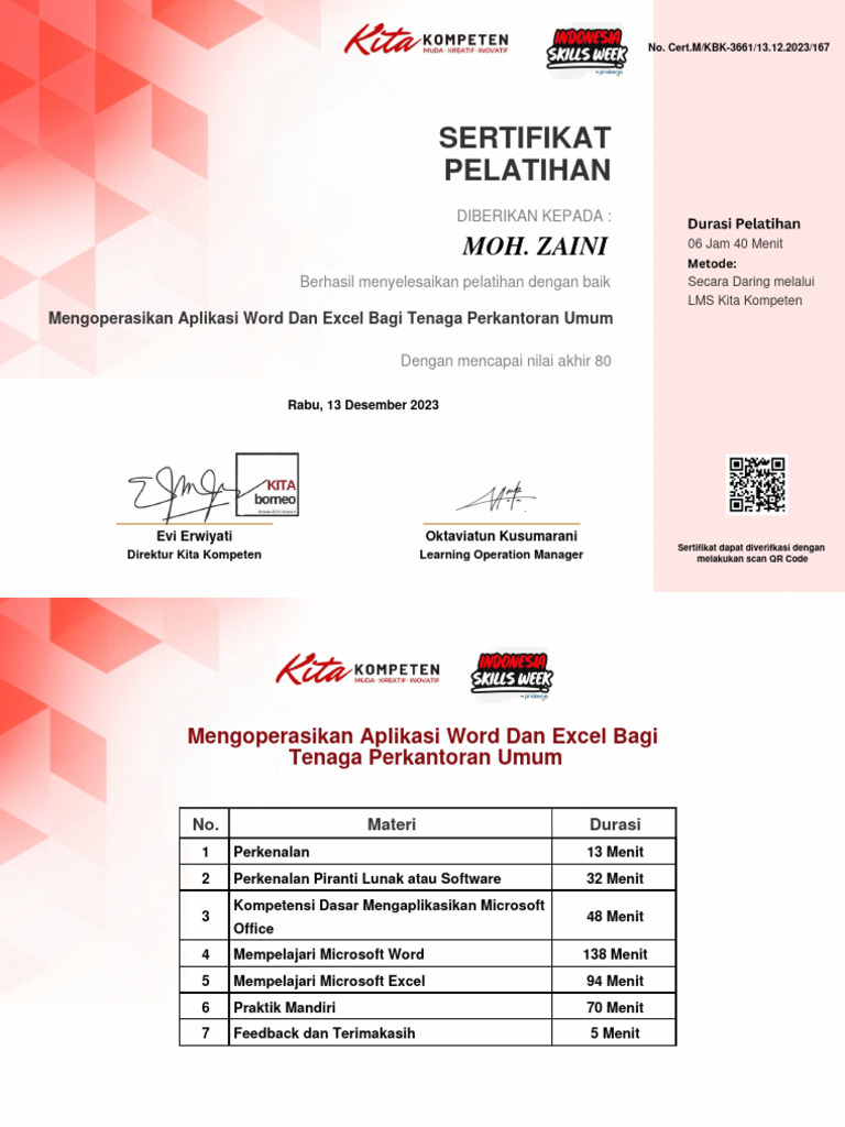 Sertifikat Pelatihan Microsoft Office | PDF
