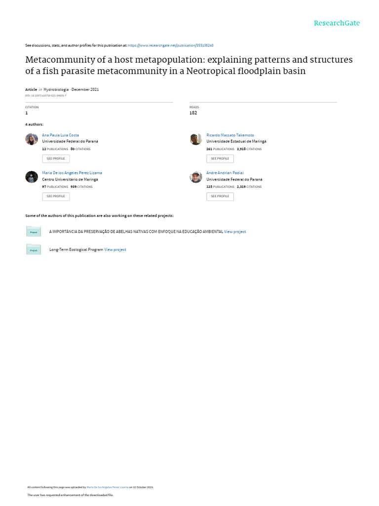 Metacommunity of A Host Metapopulation: Explaining Patterns and Structures of A Fish Parasite ...