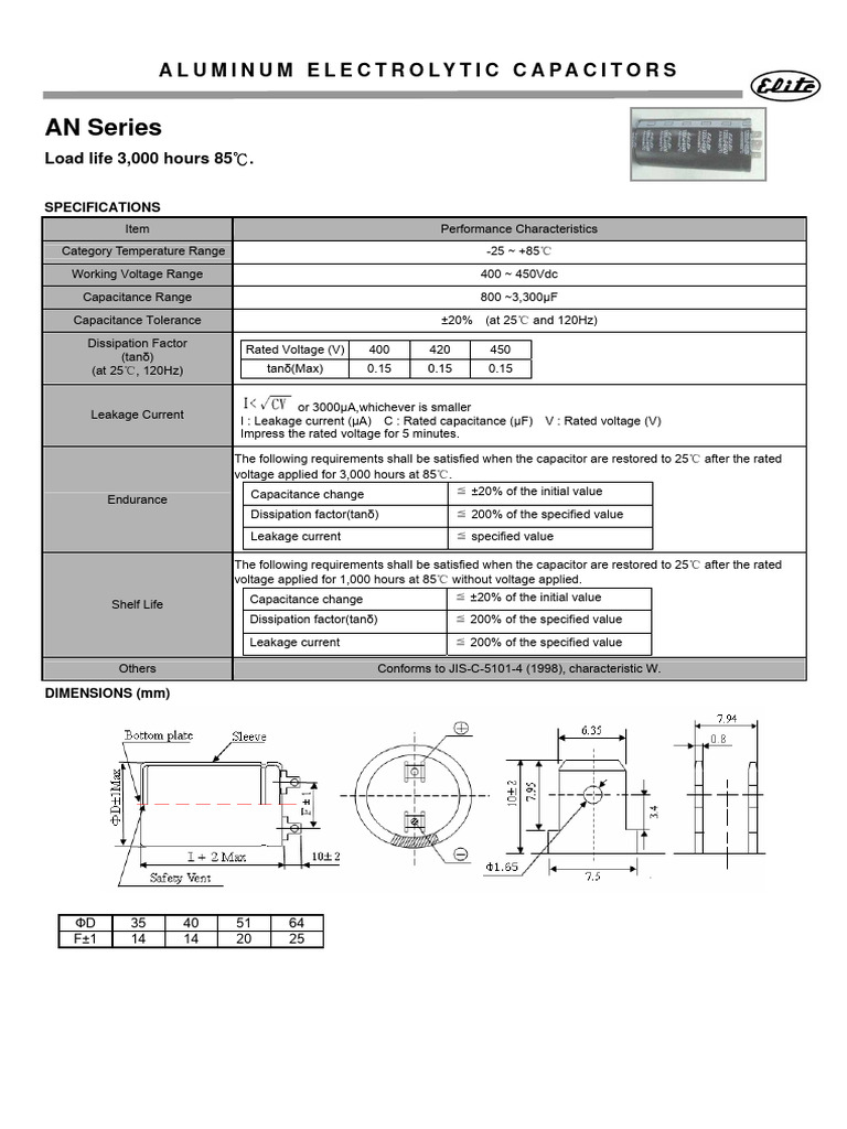 Aluminum Electrolytic Capacitors Specs | PDF | Capacitor | Capacitance