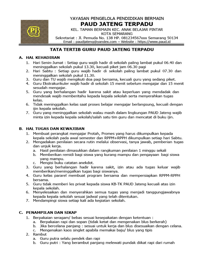 Contoh Tata Tertib Guru Paud TK KB | PDF