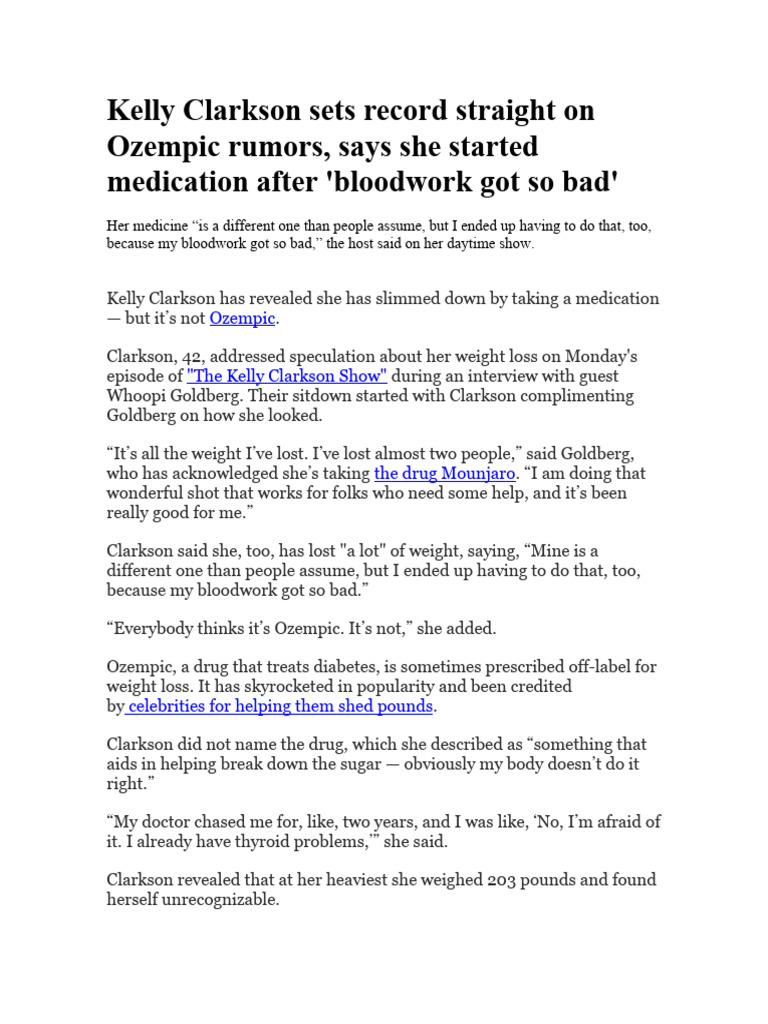 Kelly Clarkson Sets Record Straight On Ozempic Rumors | PDF