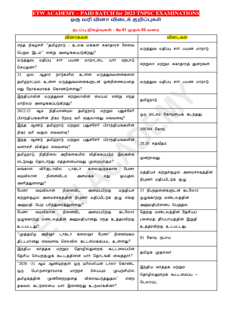 TNPSC 2023 Exam Prep: One-Line Q&A Notes | PDF