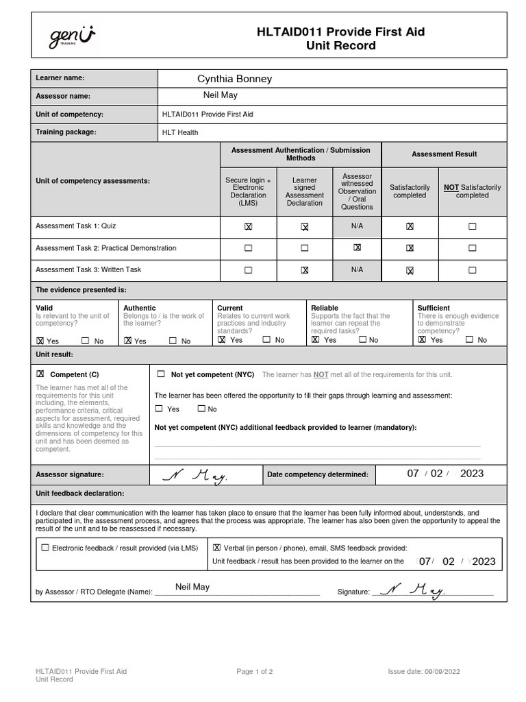 HLTAID011 Unit Record | PDF | Learning | Cognitive Science