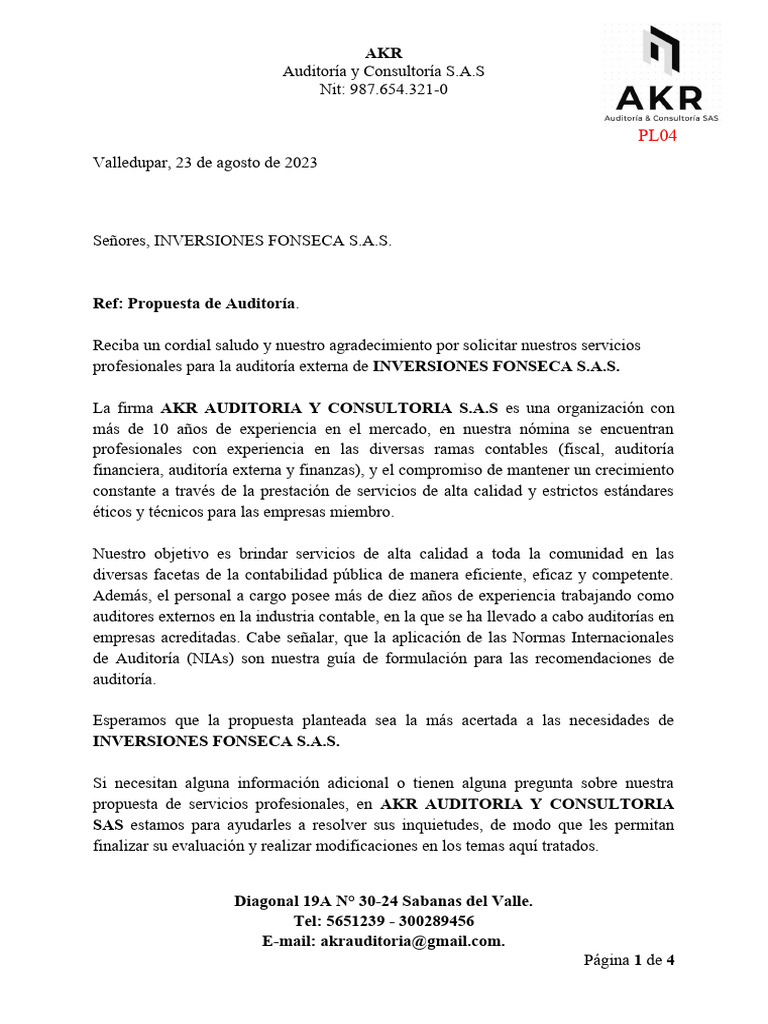 04-Pl04-Propuesta de Auditoria | PDF | Auditoría | Contralor