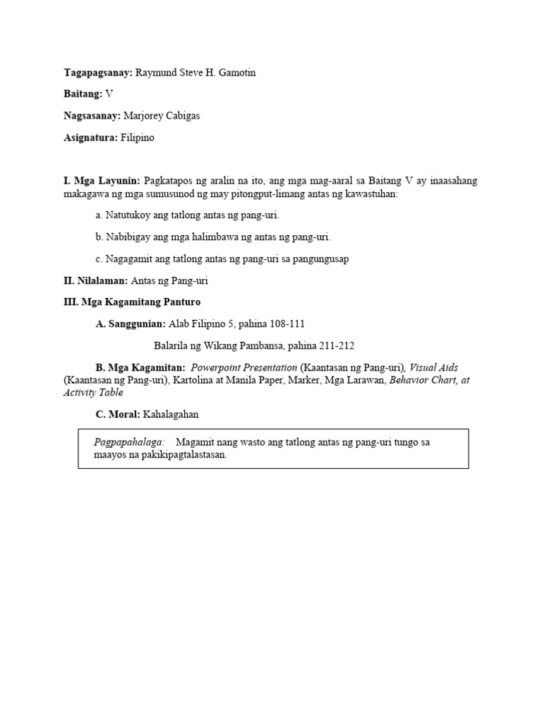 Banghay Aralin Sa Filipino 5 Antas NG Pang - Uri | PDF