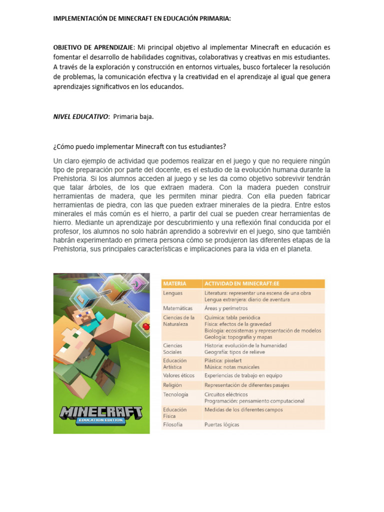 Implementación de Minecraft en Educación Primaria | PDF