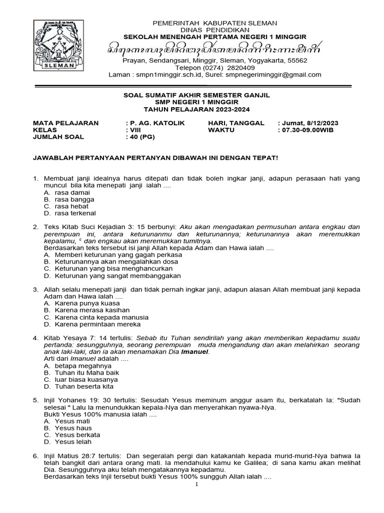 Soal Pas Ganjil Kelas 8 Sem 1 2023 2024 | PDF