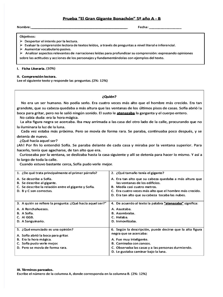 Prueba "El Gran Gigante Bonachón" 5º Año A - B Prueba "El Gran Gigante ...