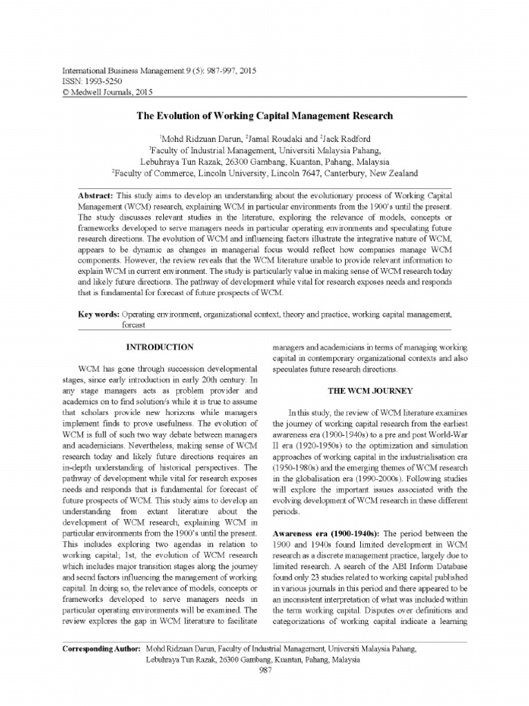 The Evolution of Working Capital Management Research | PDF