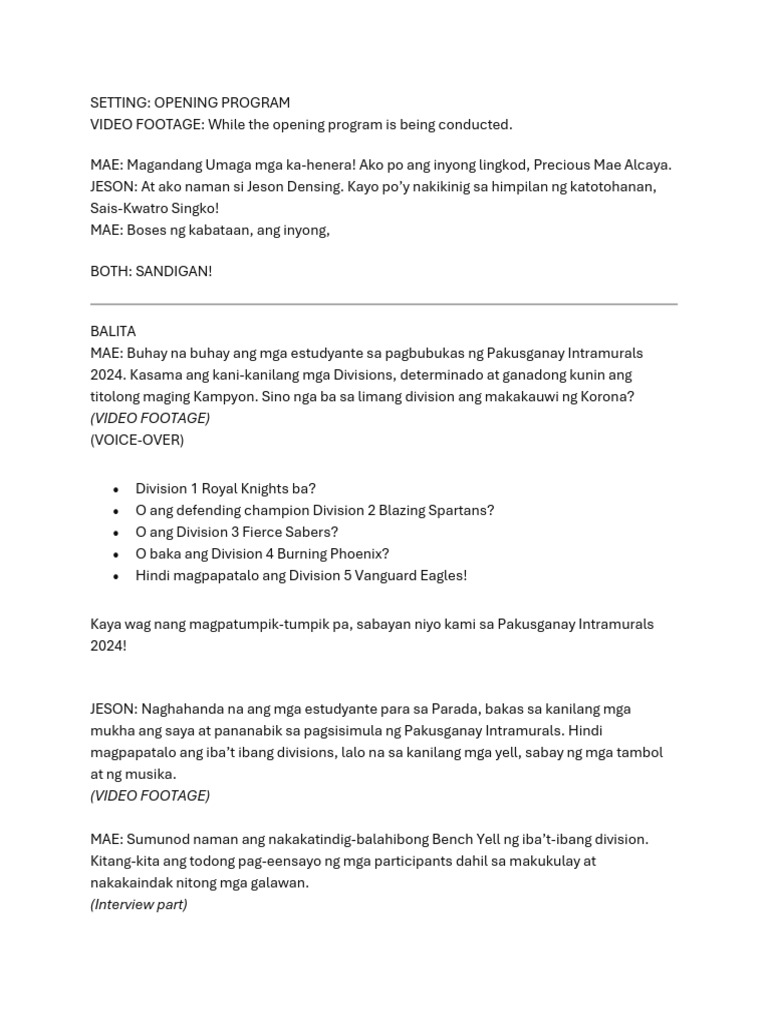 Mobile Journalism Script - Pakusganay Intramurals 2024 | PDF
