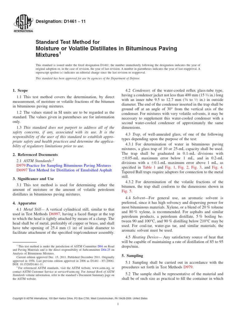 Astm D 1461 Moisture Or Volatile Distillates In Bituminous Paving