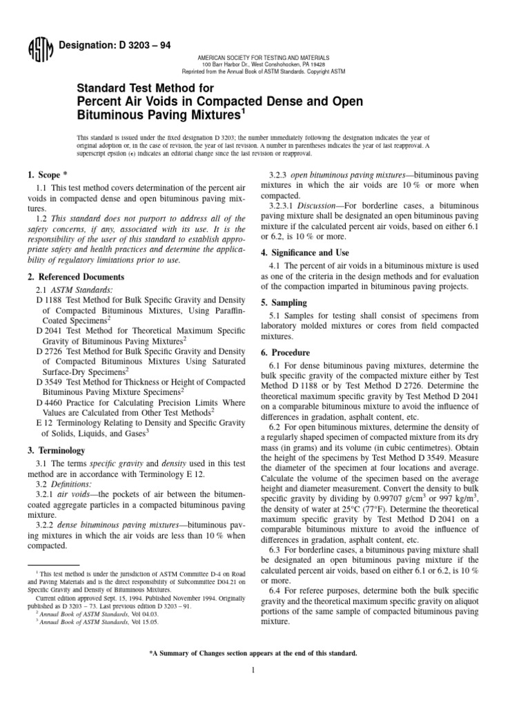 ASTM D 3203 Percent Air Voids in Compacted Dense and Open Bituminous ...