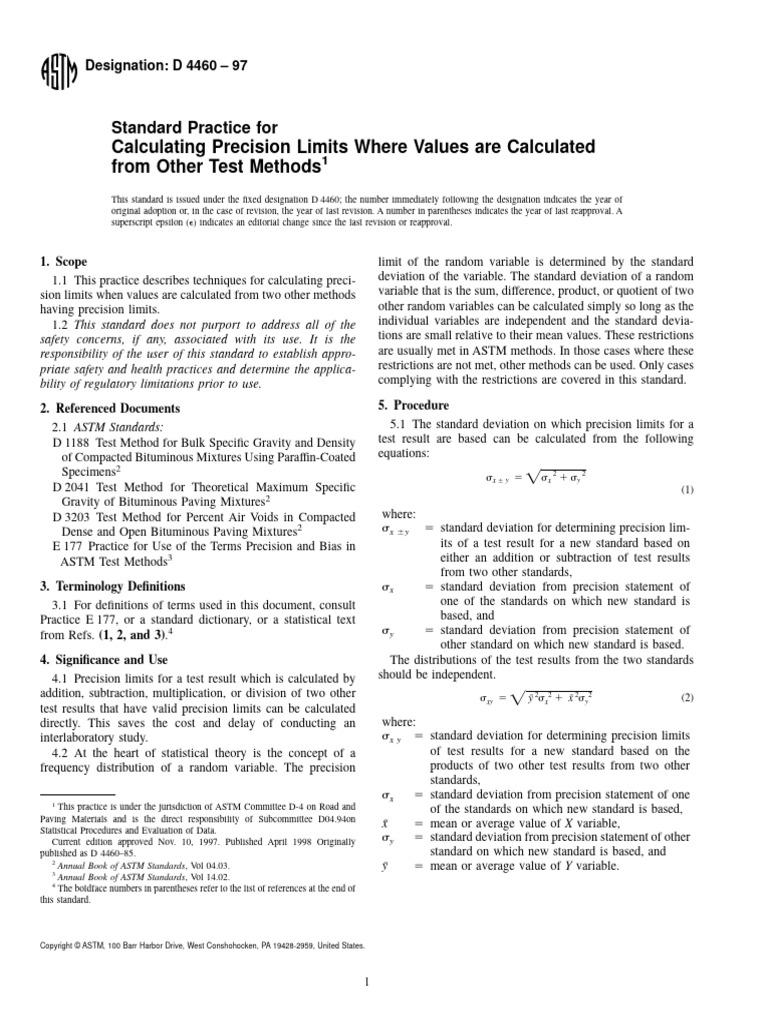 ASTM D 4460 Calculating Precision Limits Where Values are Calculated ... ASTM D 4460 Calculating Precision Limits Where Values are Calculated ...