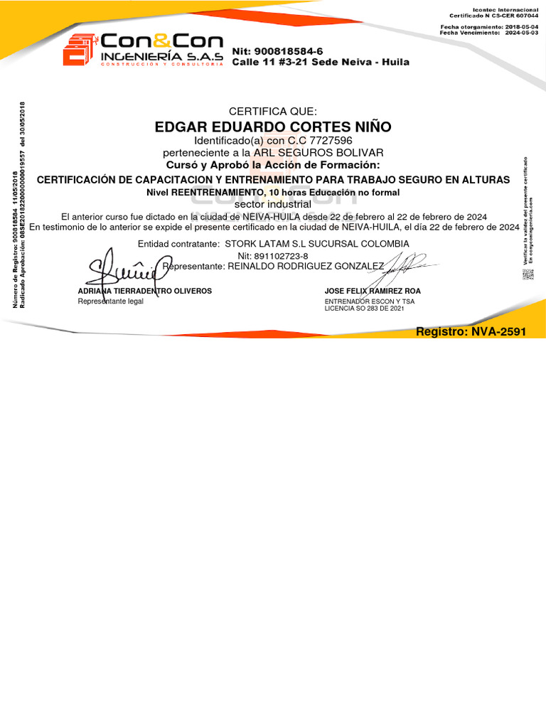 CERTIFICACIÓN DE CAPACITACION Y ENTRENAMIENTO PARA TRABAJO SEGURO EN ...