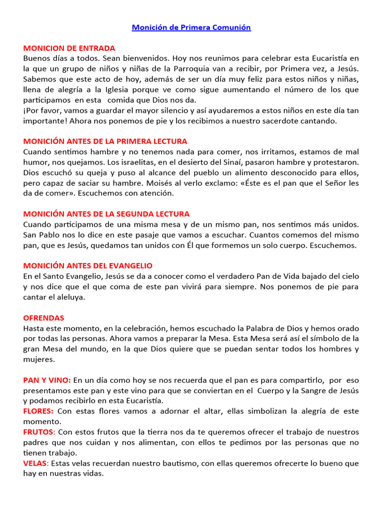 Monición de Primera Comunión | PDF | eucaristía | Cristo (título)