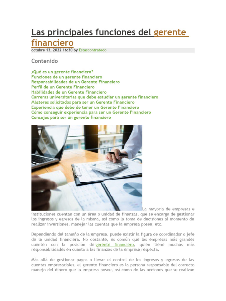 Las Principales Funciones Del Gerente Financiero | PDF | Business | Presupuesto