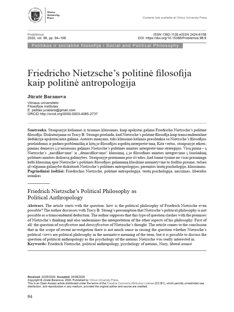 Friedricho Nietzsche's Politinė Filosofija Kaip Politinė Antropologija ...