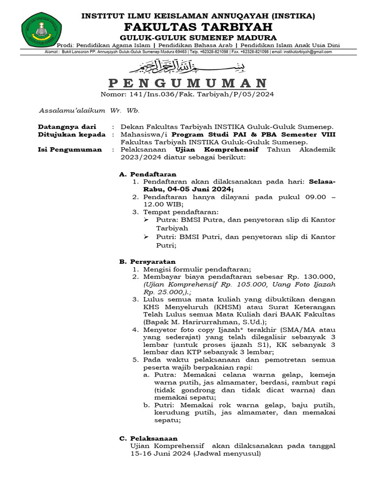 Pengumuman Ujian Komprehensif INSTIKA 2024 | PDF