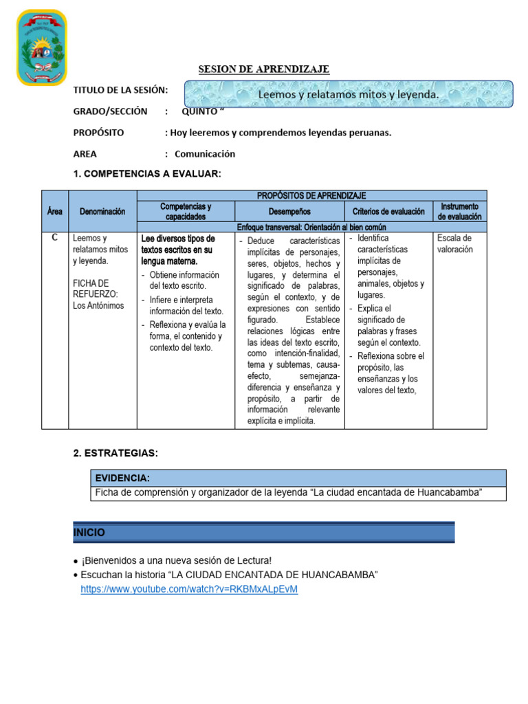 Sesion de Aprendizaje Mitos y Leyendas Comu. | PDF | Evaluación | Aprendizaje