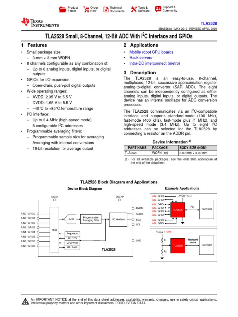 TLA2528: 8-Channel 12-Bit ADC Datasheet | PDF | Analog To Digital ...