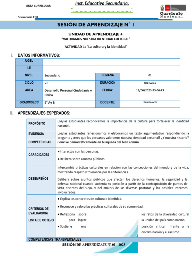 5º DPCC- SES 1 UNI 4 - SEM 01 (1) | PDF | Aprendizaje | Maestros