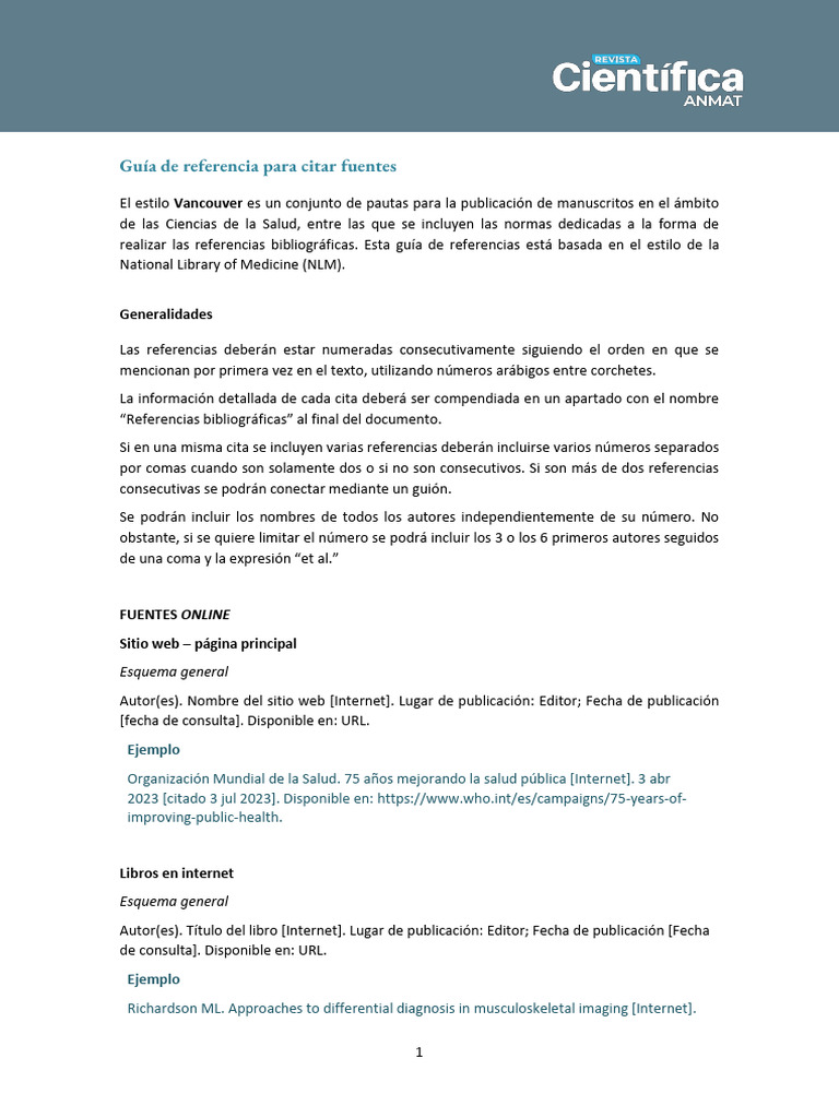 Anmat Guia de Referencia para Citar Fuentes Estilo Vancouver | PDF ...