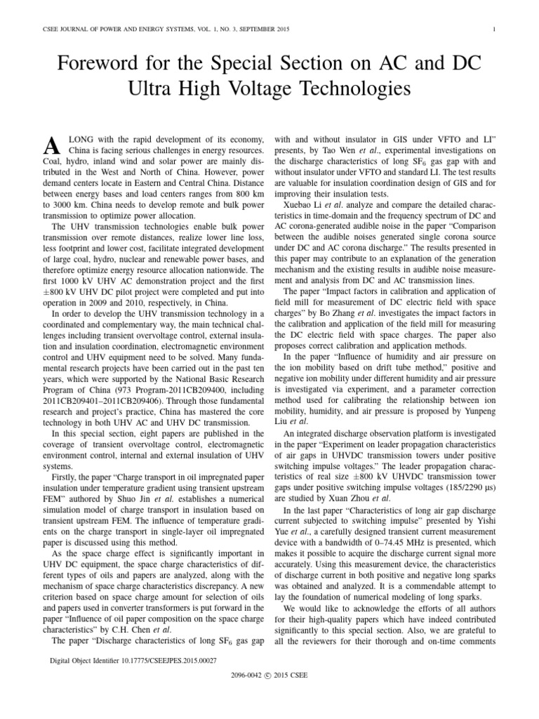 Foreword For The Special Section On AC and DC Ultra High Voltage ...
