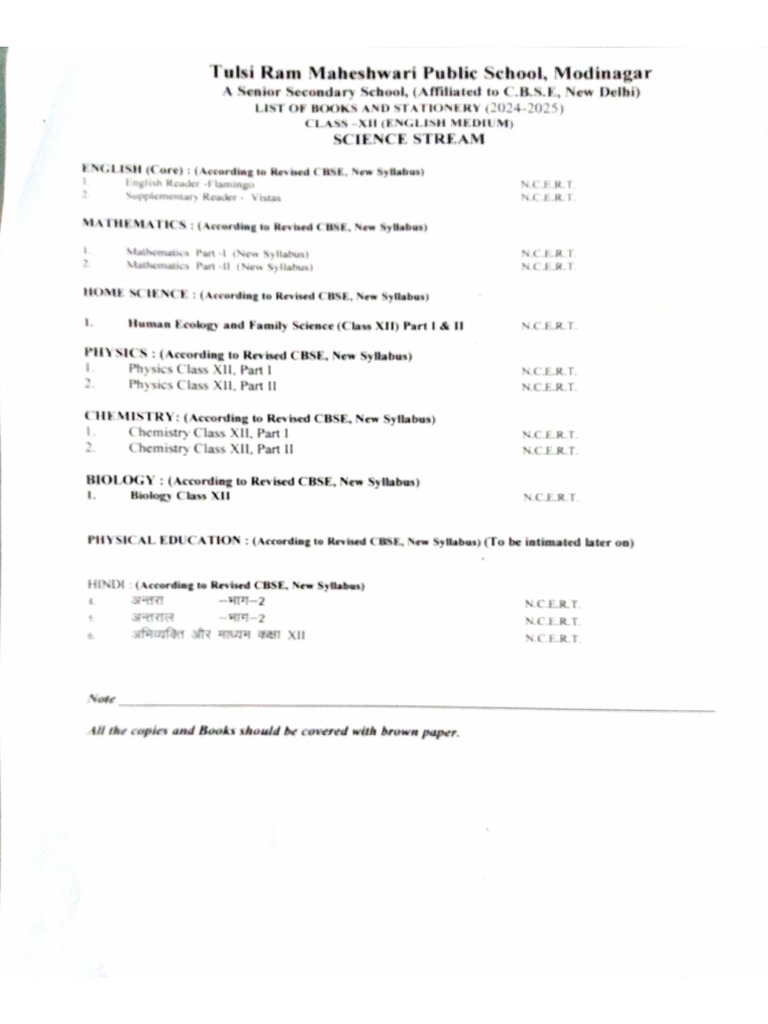 Class XII Science Stream 2024-25 | PDF