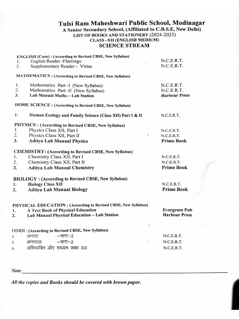 Class - XII Book List (Science Stream) 2024-25 | PDF
