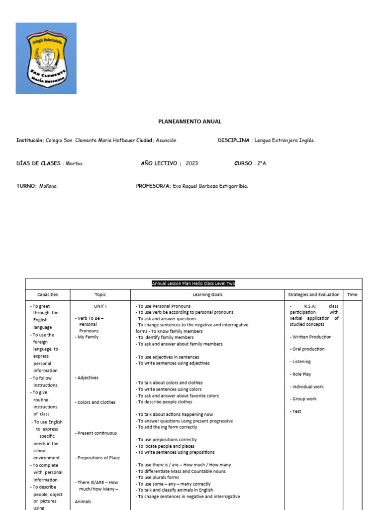 Plan Hello Class 2do | PDF | Verb | English Language