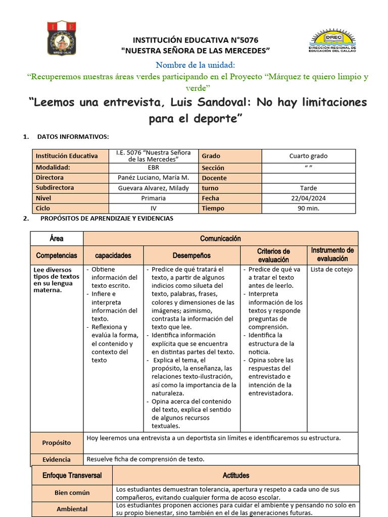 Sesión de Aprendizaje Leemos Una Entrevista | PDF | Aprendizaje | Evaluación