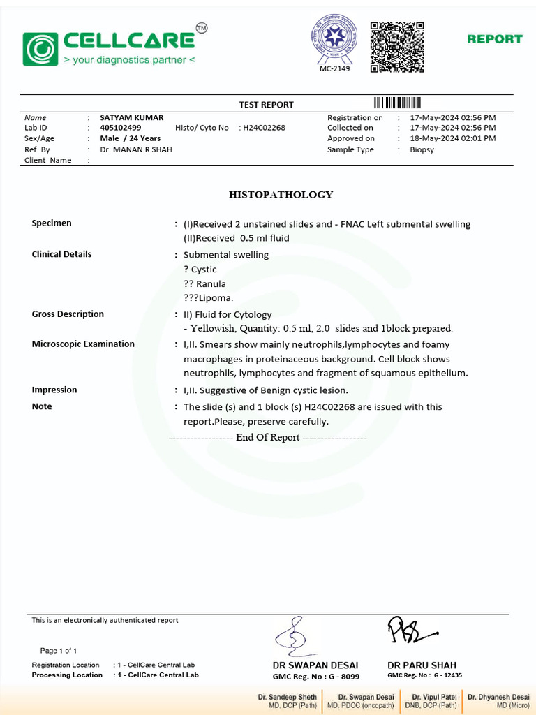 Test Report: DR Swapan Desai DR Paru Shah GMC Reg. No: G - 8099 | PDF ...