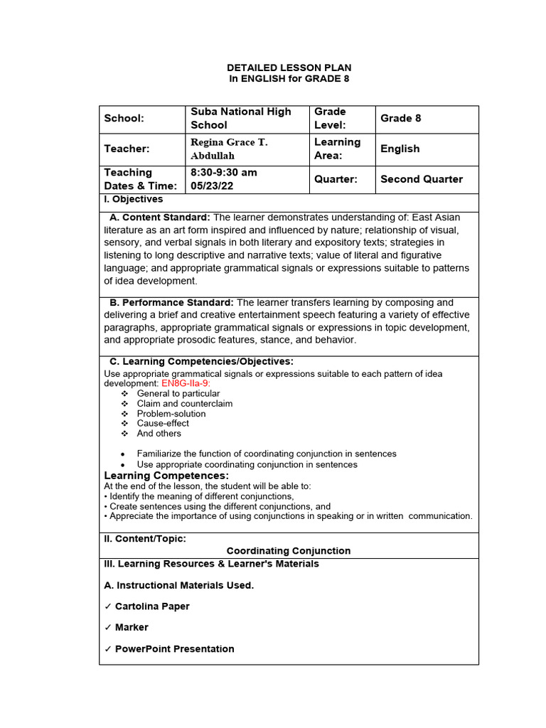 Grade 8 English Lesson on Conjunctions | PDF | Linguistics | Language ...