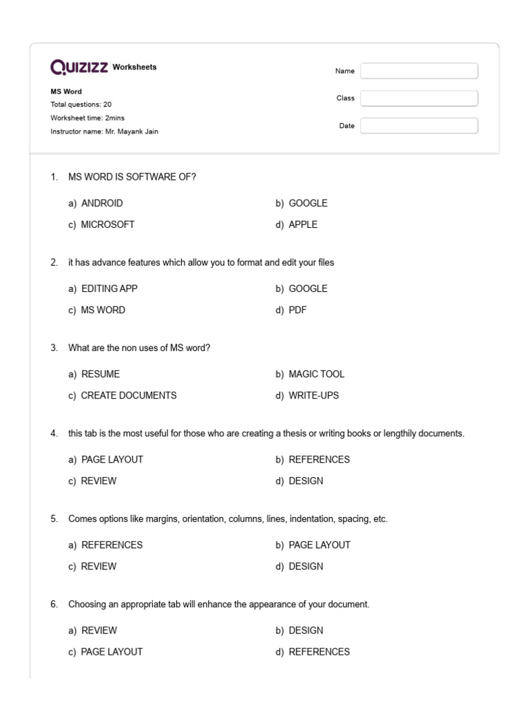 MS Word - Quizizz | PDF | Microsoft Word | Software