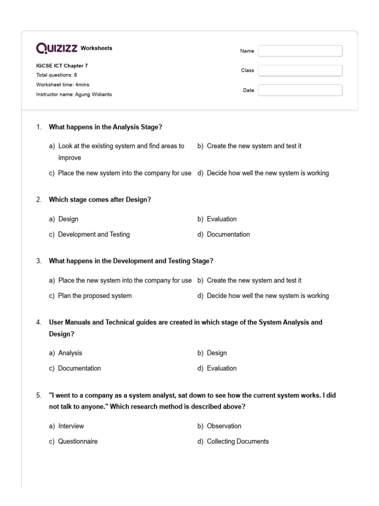 IGCSE ICT System Development Quiz | PDF | Information Technology ...