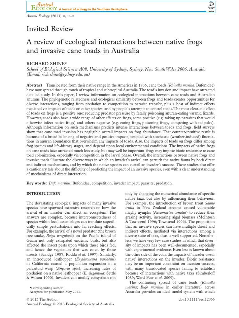 The Effect of Cane Toads On Native Frogs of Australian Wetlands ...