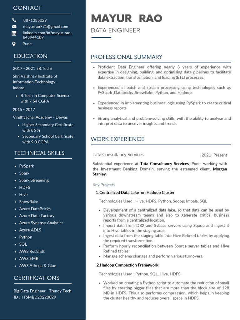 Mayur_Rao_DE_Resume | PDF | Apache Spark | Apache Hadoop