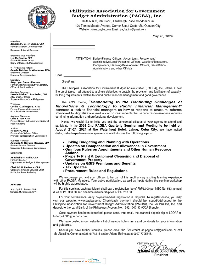 PAGBA 2024 Seminar Invitation | PDF | Government
