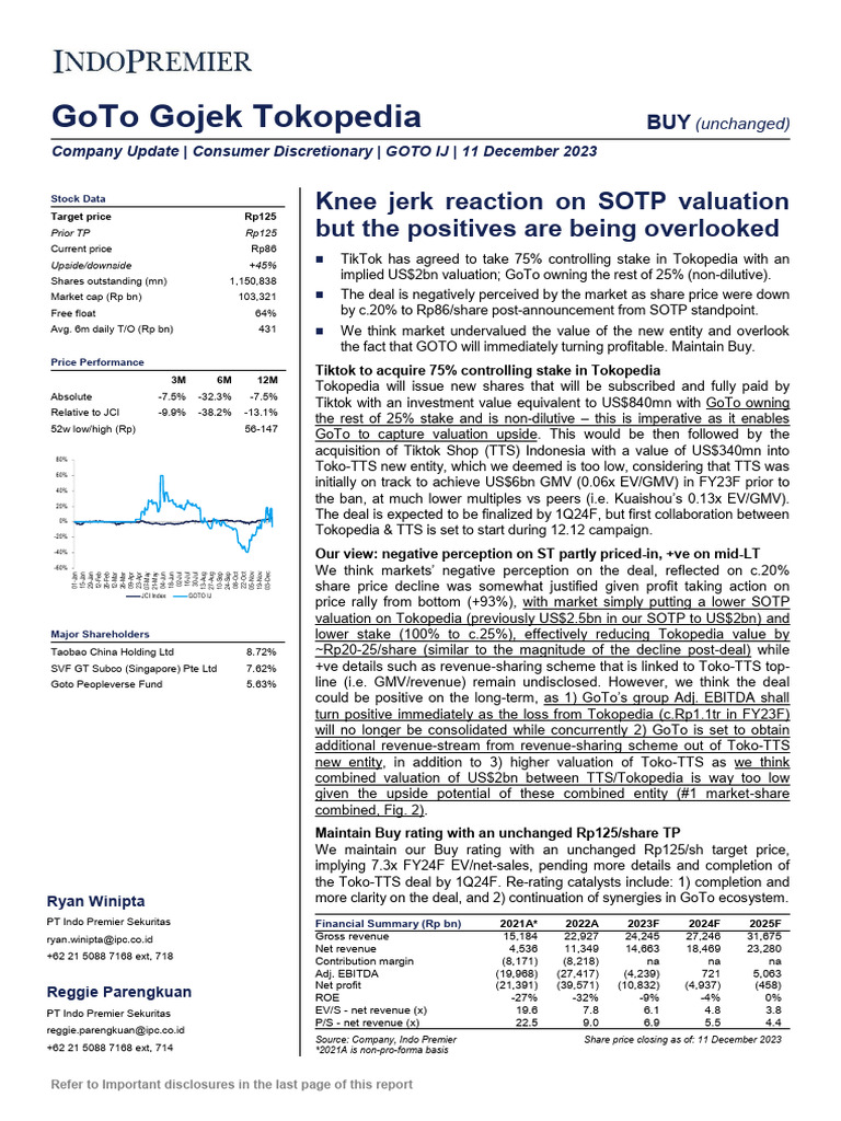 Indopremier Company Update GOTO 11 Dec 2023 Maintain Buy TP Rp125 | PDF | Investing | Financial ...