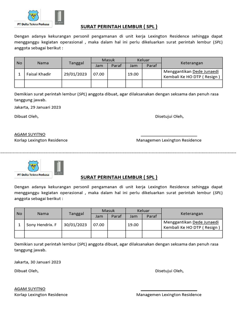 Surat Perintah Lembur Anggota SPL | PDF
