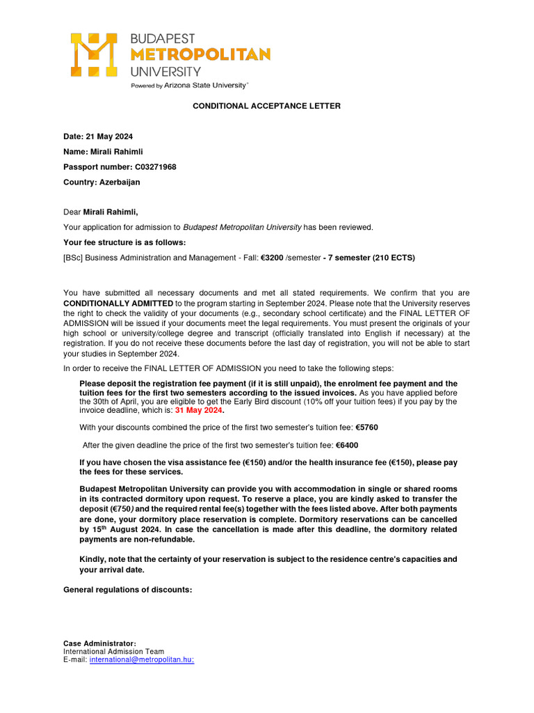 Mirali Rahimli - Metropolitan ACCEPTANCE LETTER | PDF | Travel Visa | Fee