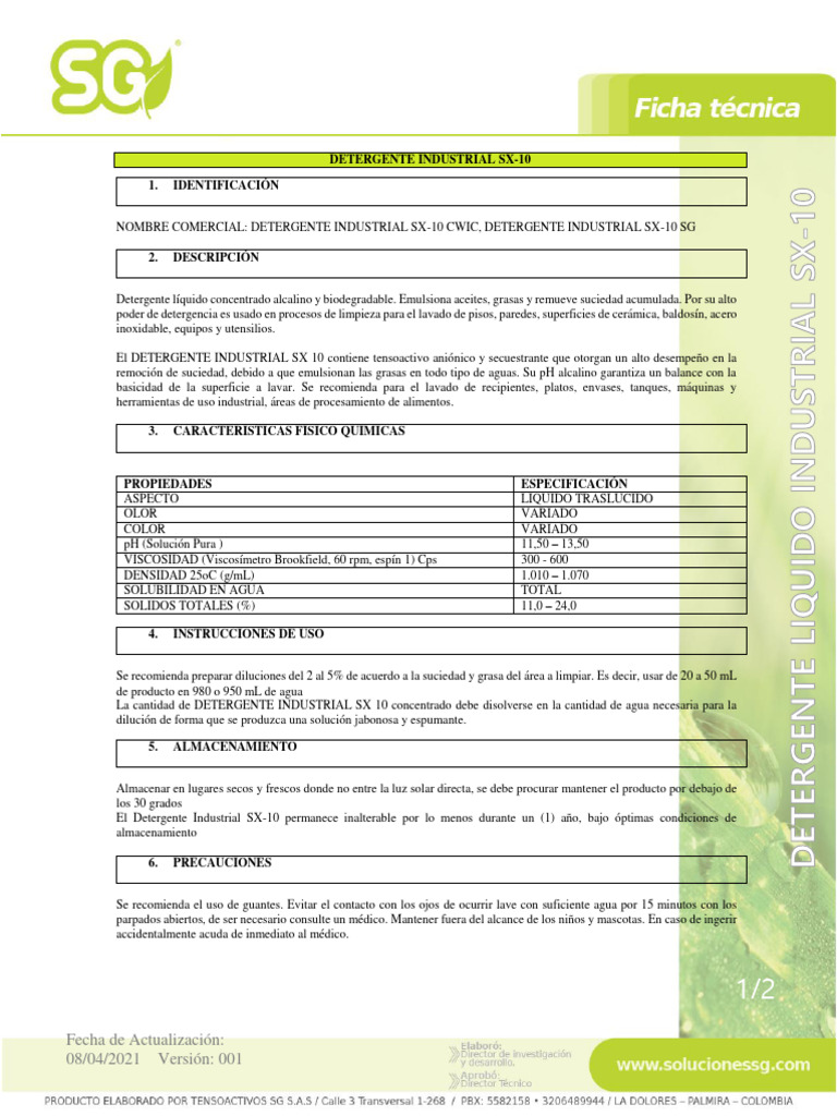 FT Detergente Industrial SX 10 2021 | PDF | Detergente | Agua