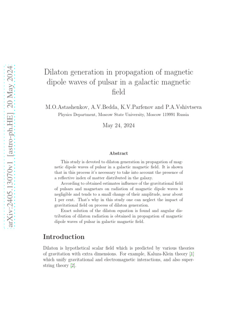 Dilaton generation in propagation of magnetic dipole waves of pulsar in ...