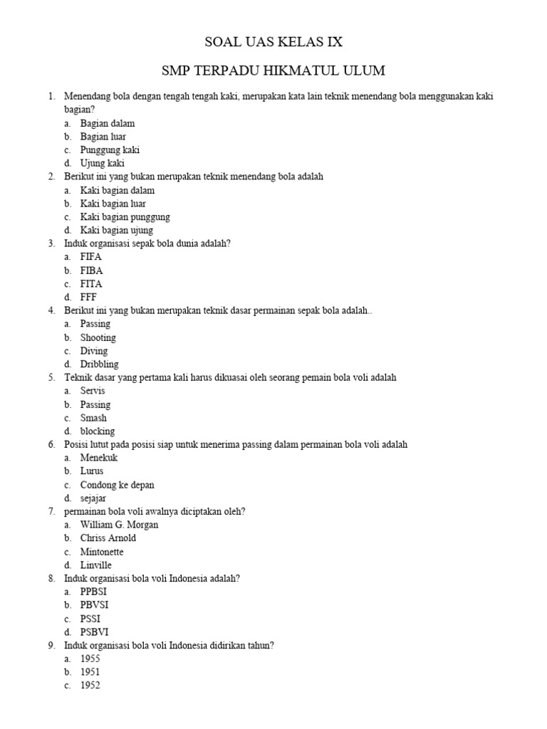 Soal Uas Pjok Kelas Ix | PDF