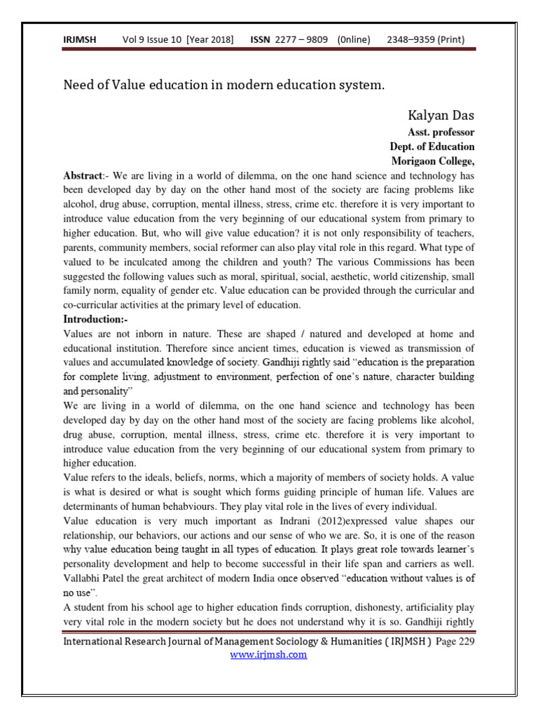 Importance of Value Education in Schools | PDF | Teachers | Behavior