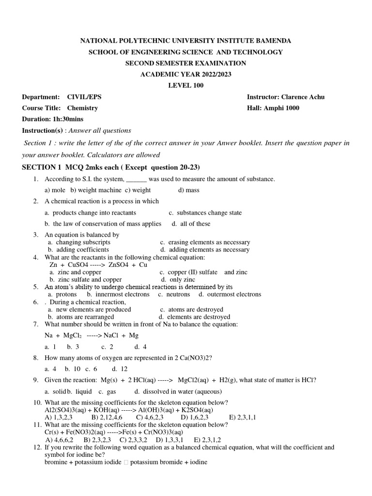 CHEMISTRY Civil and Eps L100 Exams 2023 Set 1 Final | PDF | Chemical Reactions | Chemistry